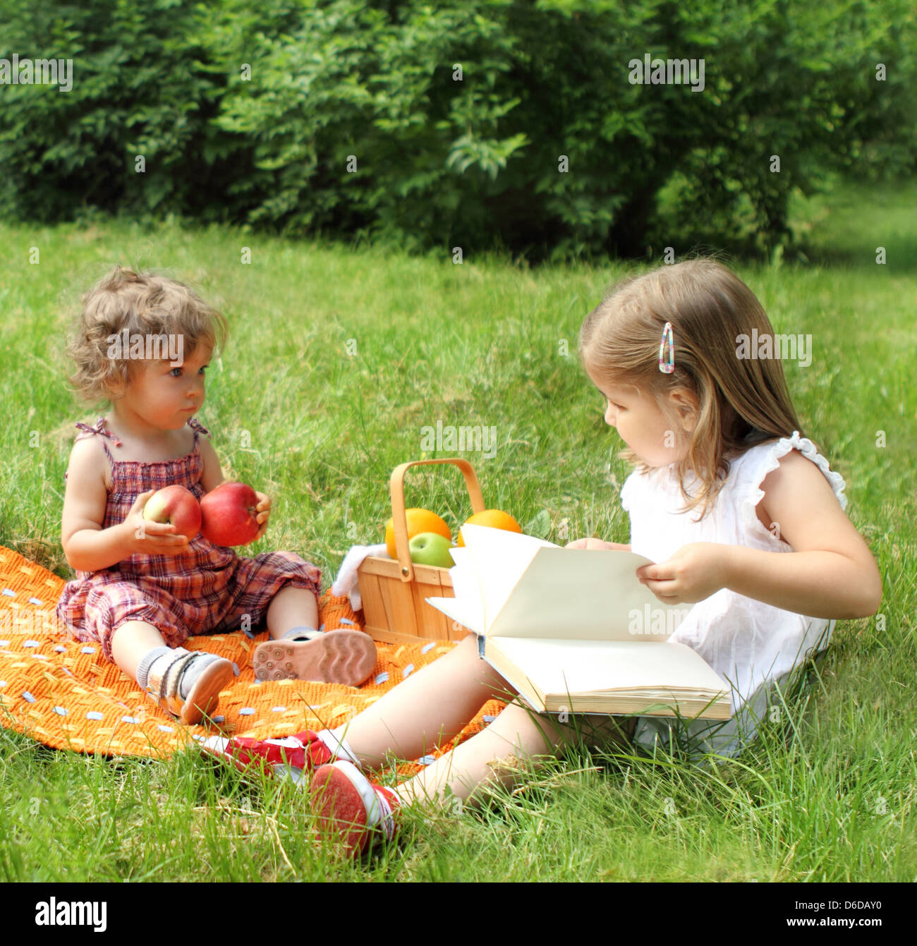 Children reading the book on picnic Stock Photo - Alamy
