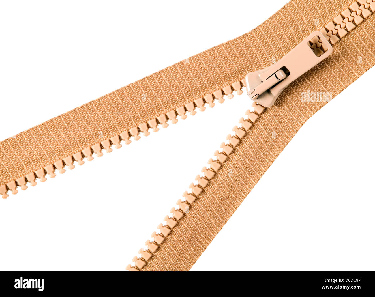 Brown zip with metal teeth, unzipped, clothing industry Stock Photo - Alamy