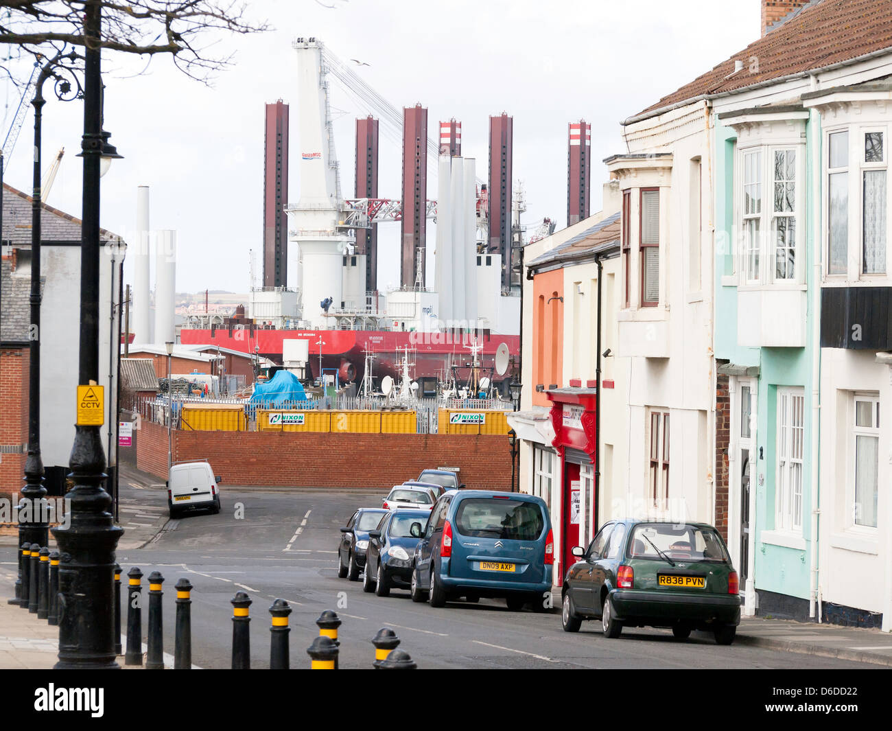 Wind farm construction vessel MPI Adventure seen down residential ...