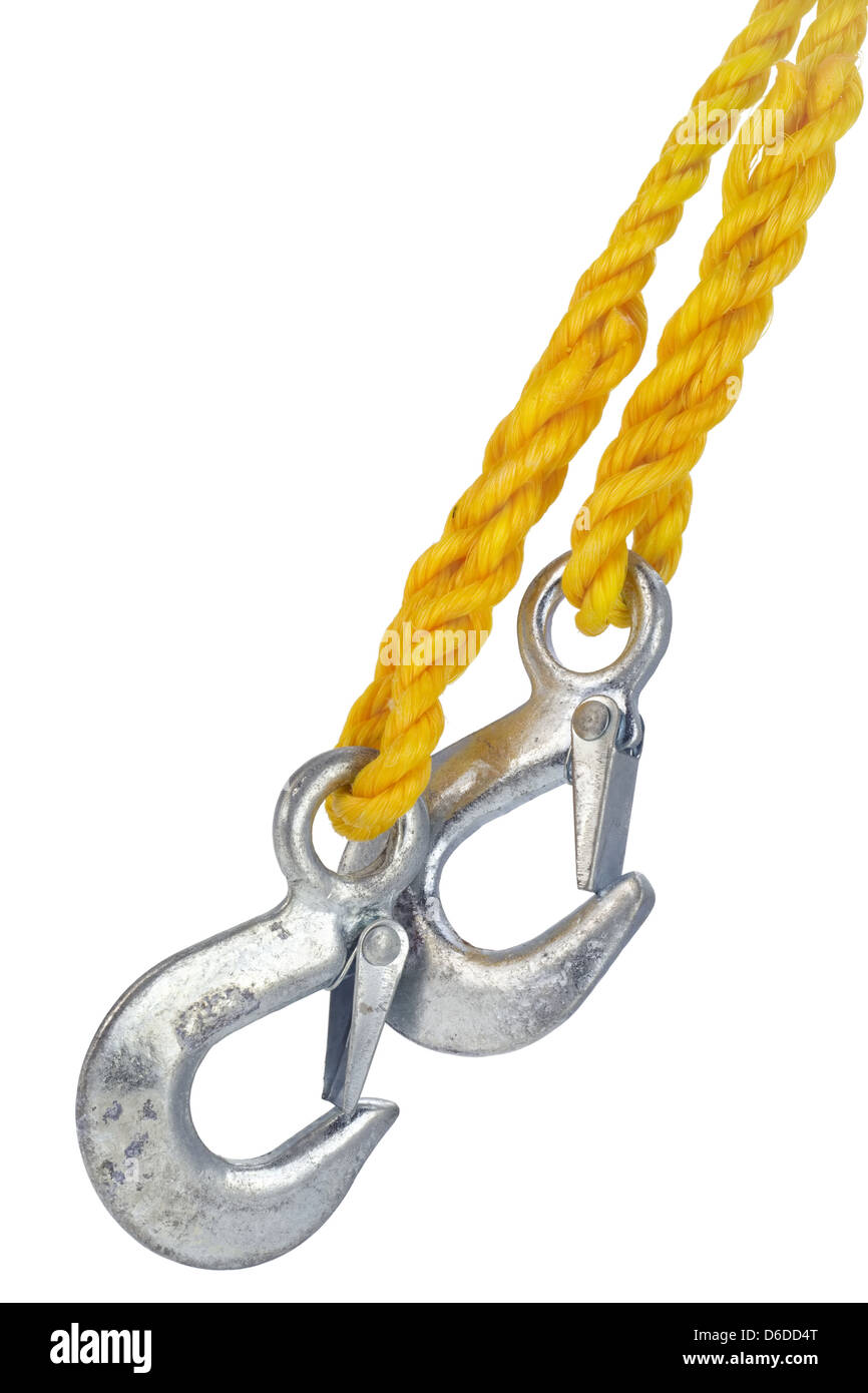 Yellow rope with metal hooks Stock Photo - Alamy