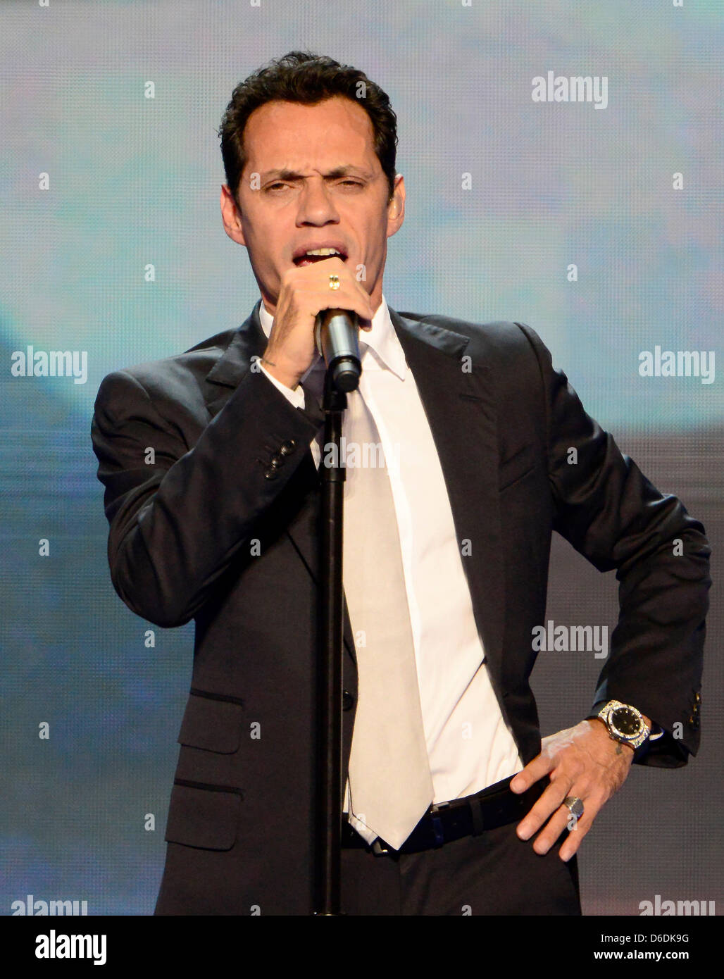 Singer / songwriter Marc Anthony sings the National Anthem at the 2012 ...