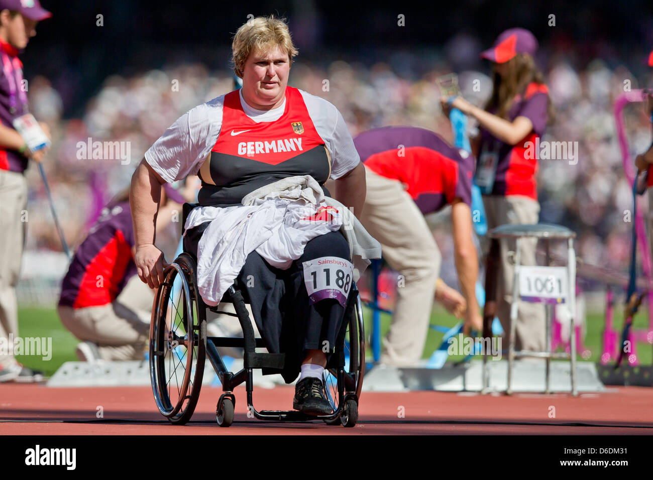 Ilke Wyludda of Germany leaves the track after the Women's Shot Put ...