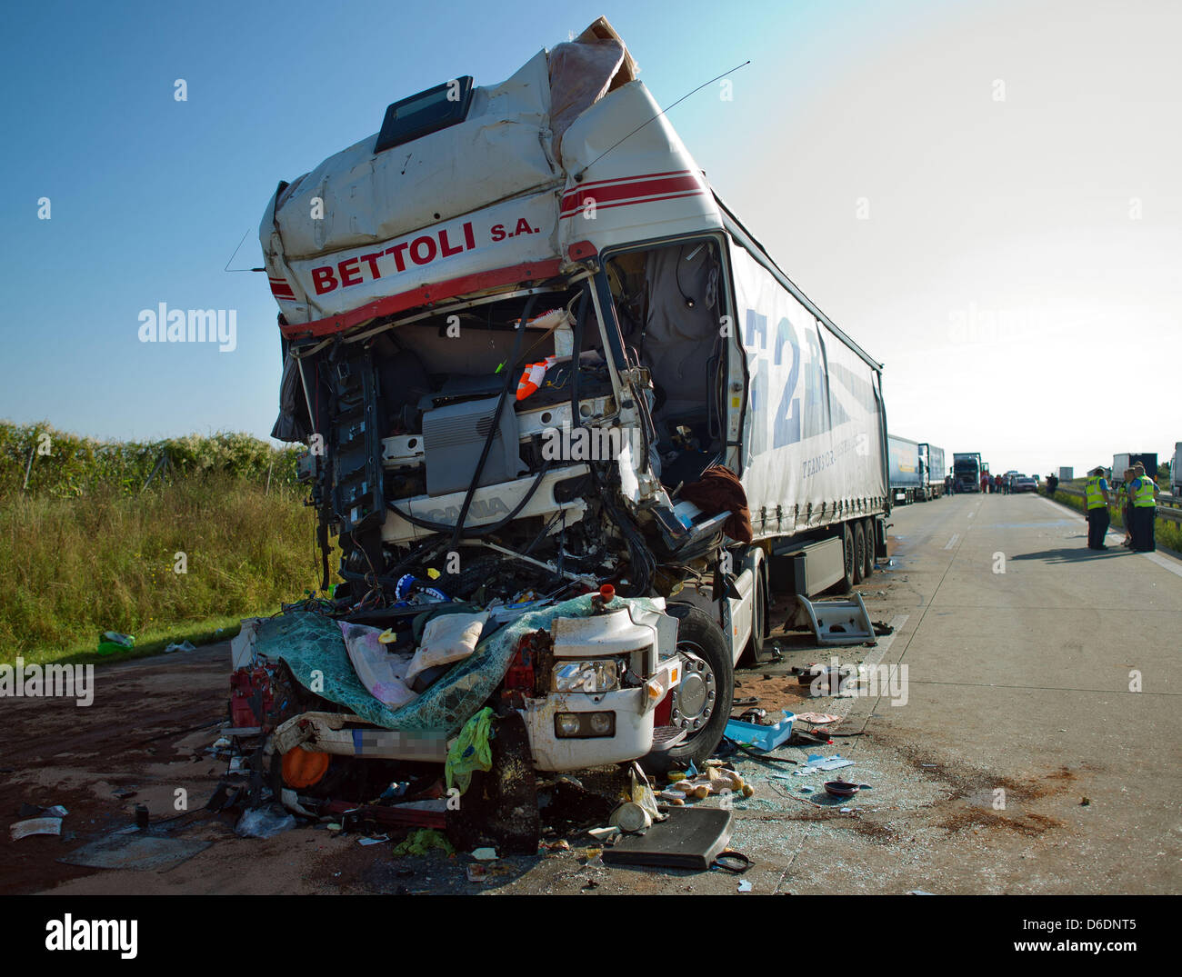The driver's cab of a Polish truck is completely damaged after a rear ...