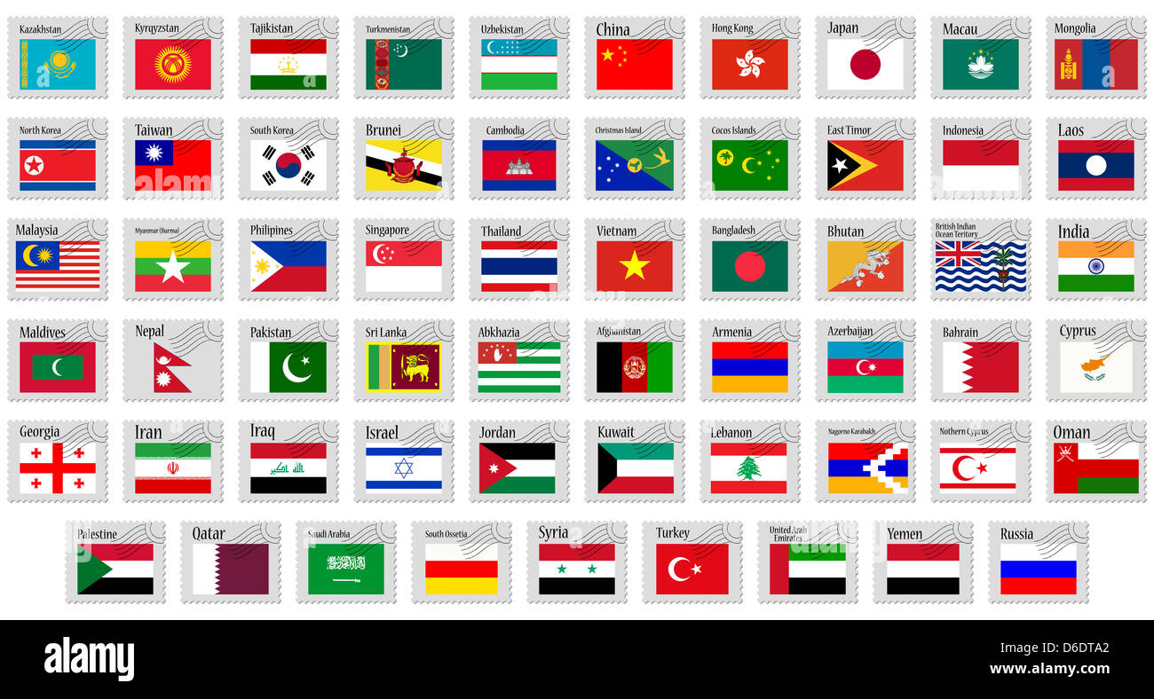 asia stamps complete collection against white background, abstract ...