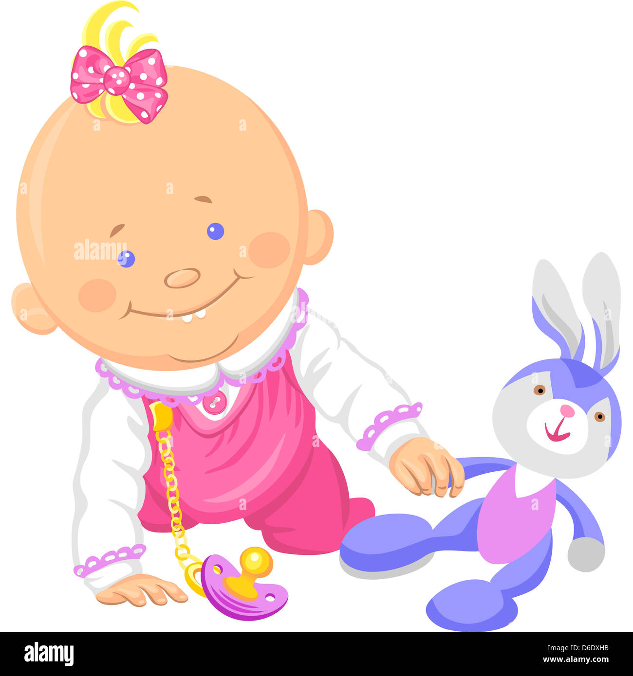 Cute smiling baby girl playing with a toy rabbit, crawl on the floor ...