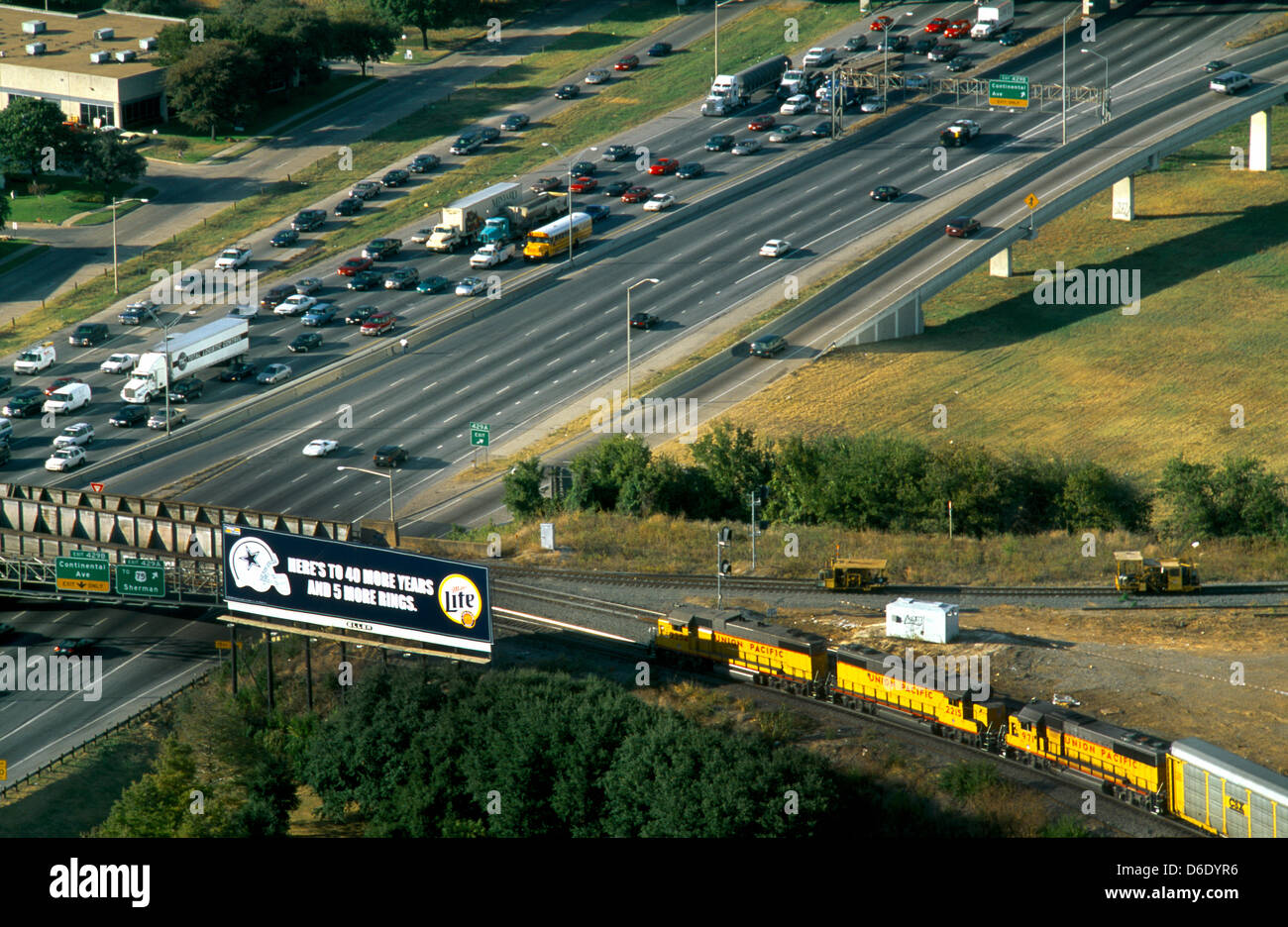 Texas USA Dallas Traffic On Interstate 35 And Train On Bridge View From ...