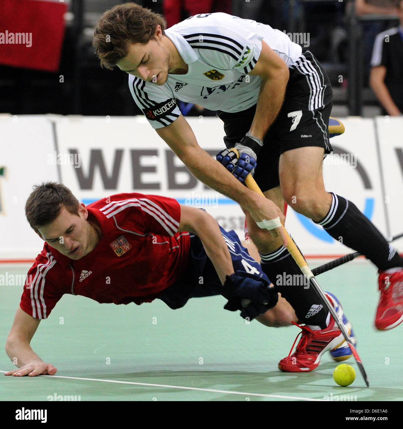 Germany's Oskar Deecke (R) and Czech's Martin Hanus fight for the ball ...