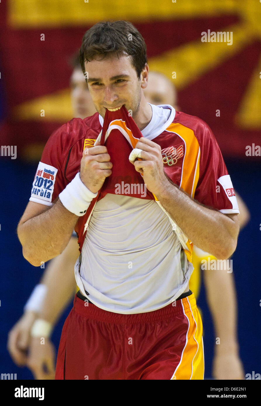 Macedonia's Filip Mirkulovski bites his shirt during the European ...