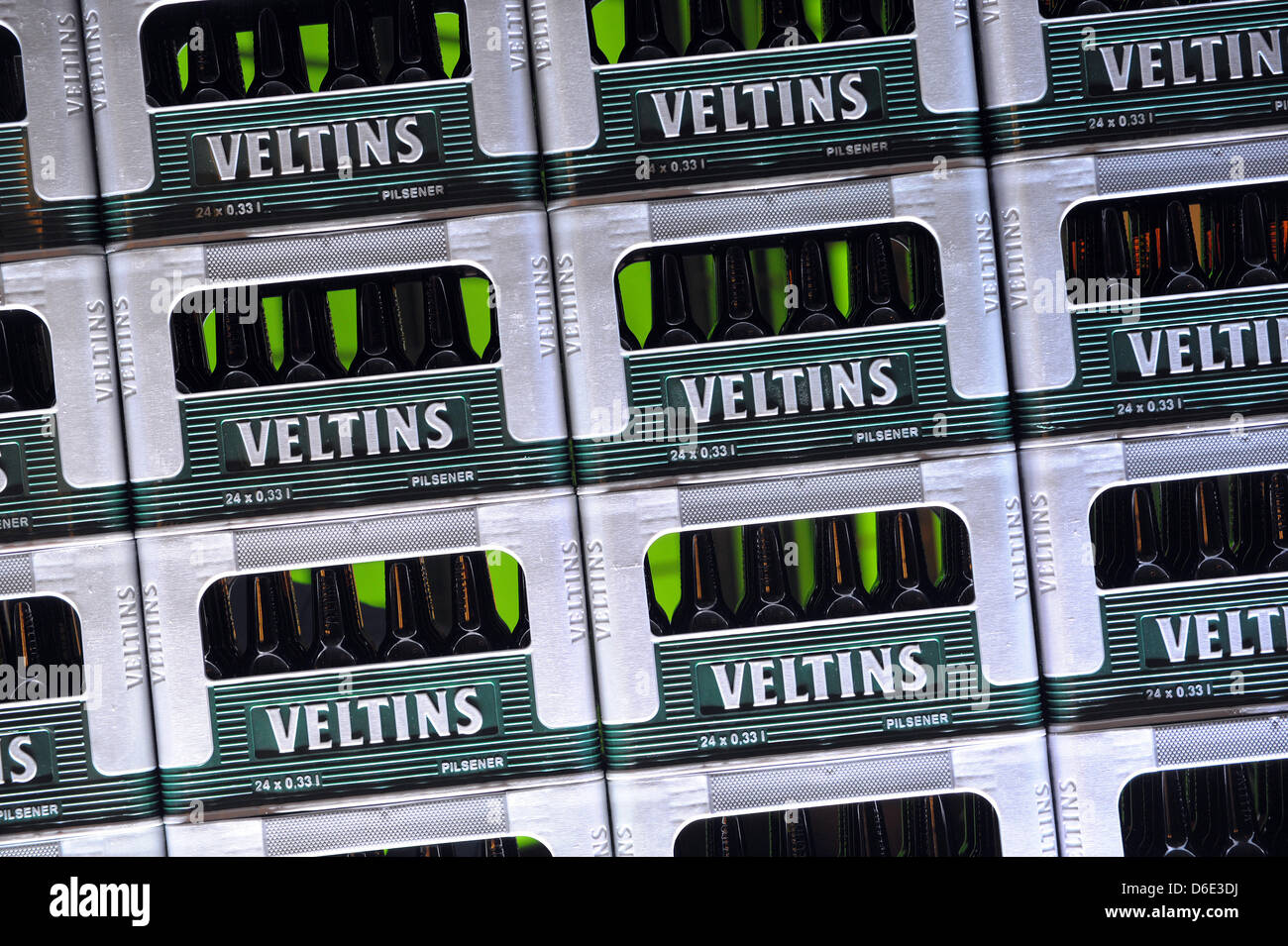 Veltins beer crates are piled in Duesseldorf, Germany, 17 January 2012 ...