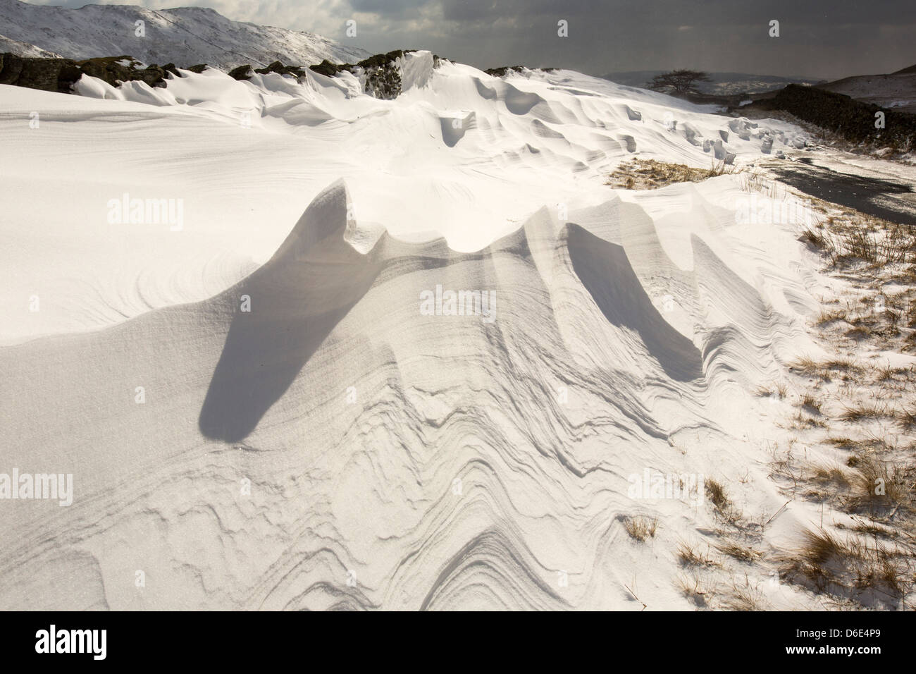Massive snow drifts block the Kirkstone Pass road above Ambleside in ...