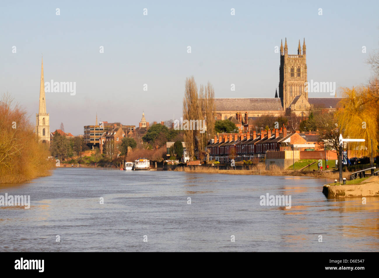 Worcester Cathedral with cathedral tower, overlooking the River Severn ...