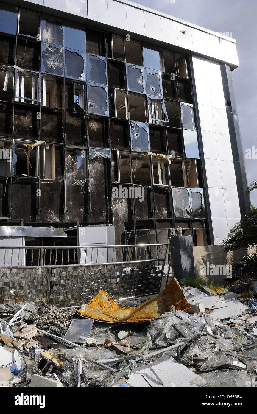 A view of a destroyed office building in the Bab al-Azizia district of ...
