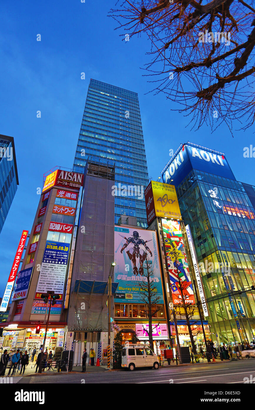 Night scene of buildings, signs and lights in the street in Akihabara, Electric Town, Tokyo ...