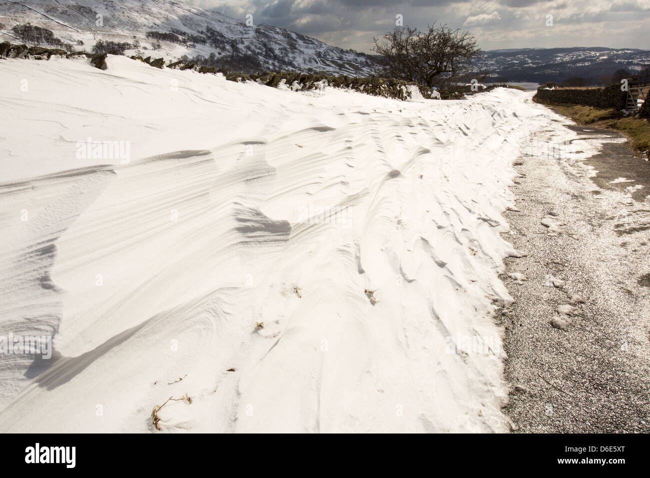 Massive snow drifts on the side of the Kirkstone Pass road above ...