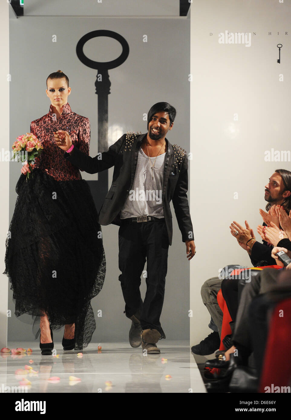 Designer Damian Hirschberg and a model after his offsite show at the ...