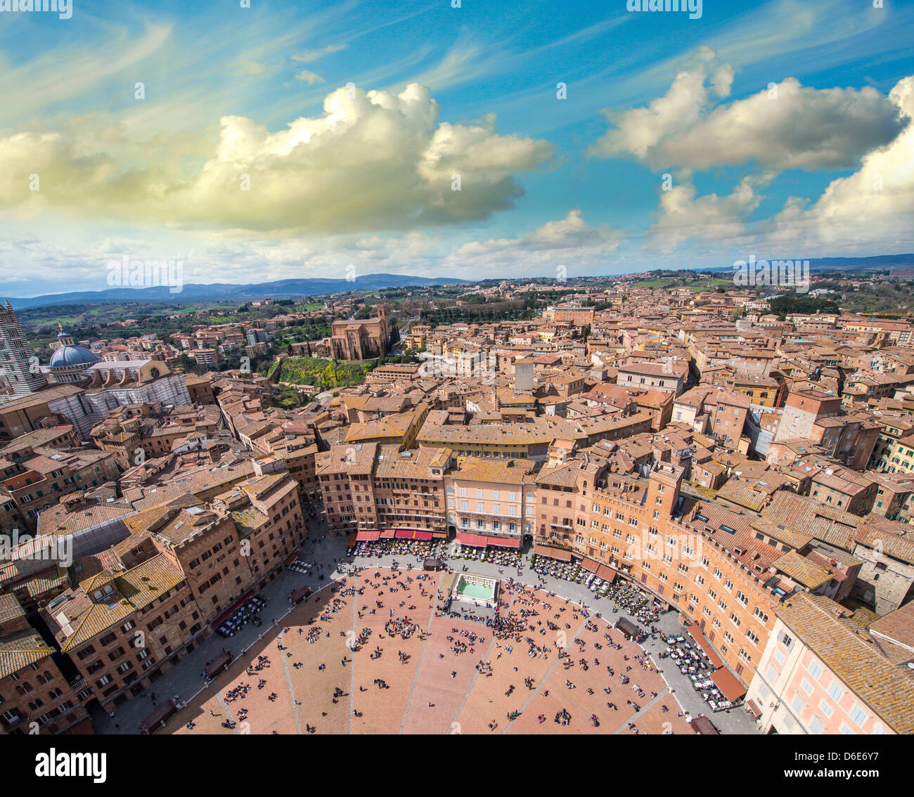 Wonderful aerial view of Piazza del Campo, Siena on a beautiful sunny ...