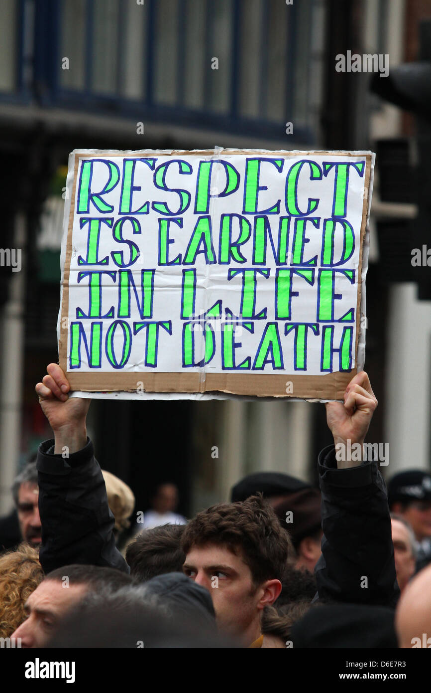 BARONESS THATCHER PROTEST SIGN MARGRET THATCHER FUNERAL 17 April 2013 ...