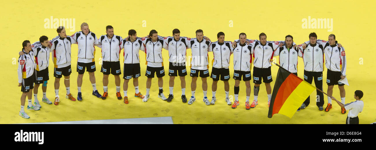 The German team is lined up on the court during the European Handball ...