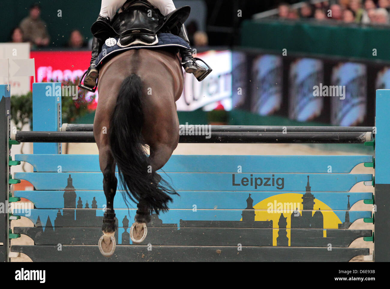 German show jumper Mario Stevens jumps over an obstacles with the ...