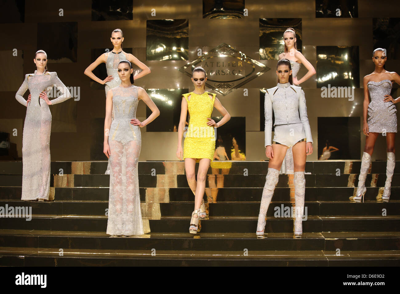 A model wears a creation by Italian designer Donatella Versace as part ...