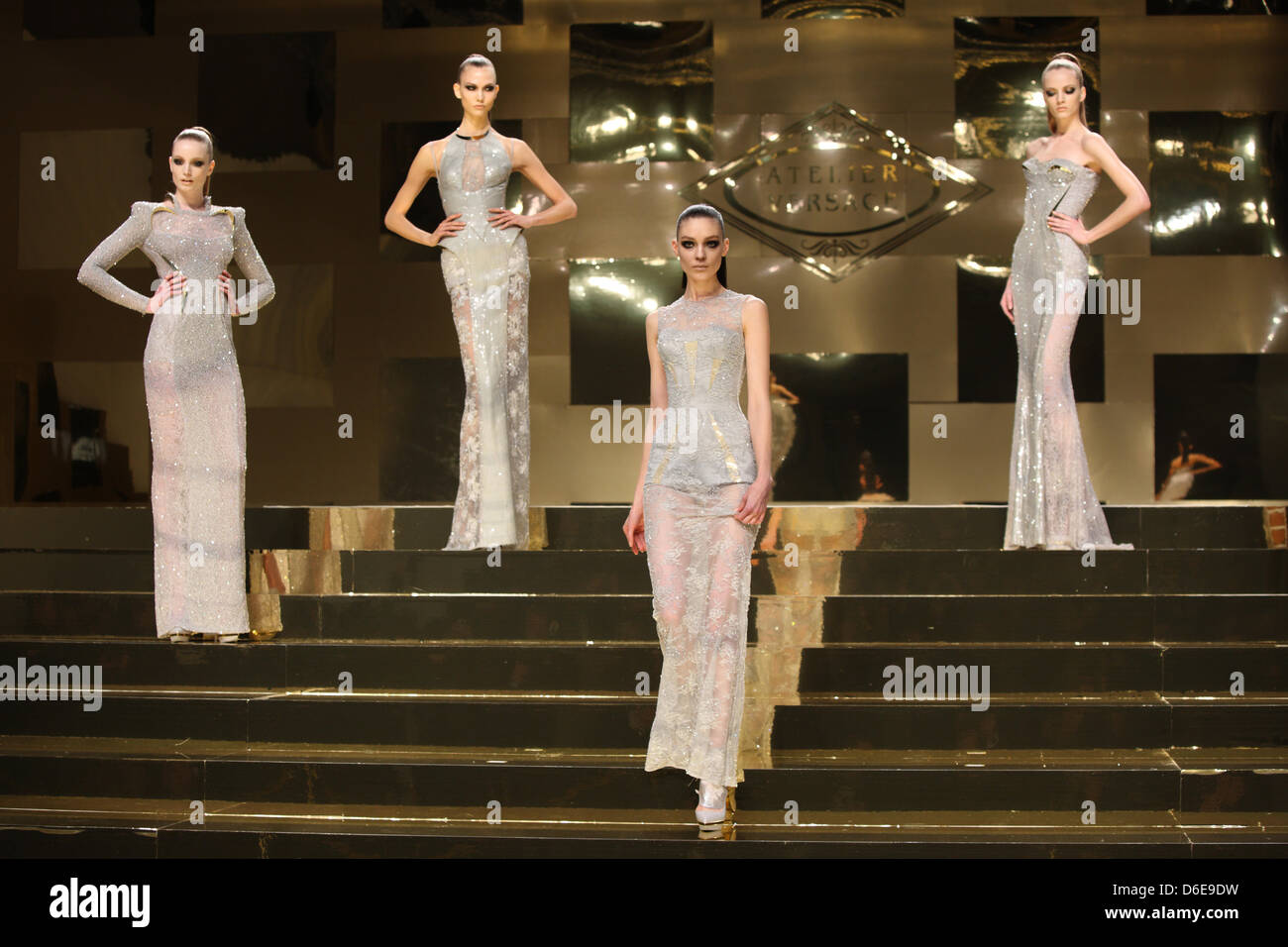 Models wears a creation by Italian designer Donatella Versace as part ...