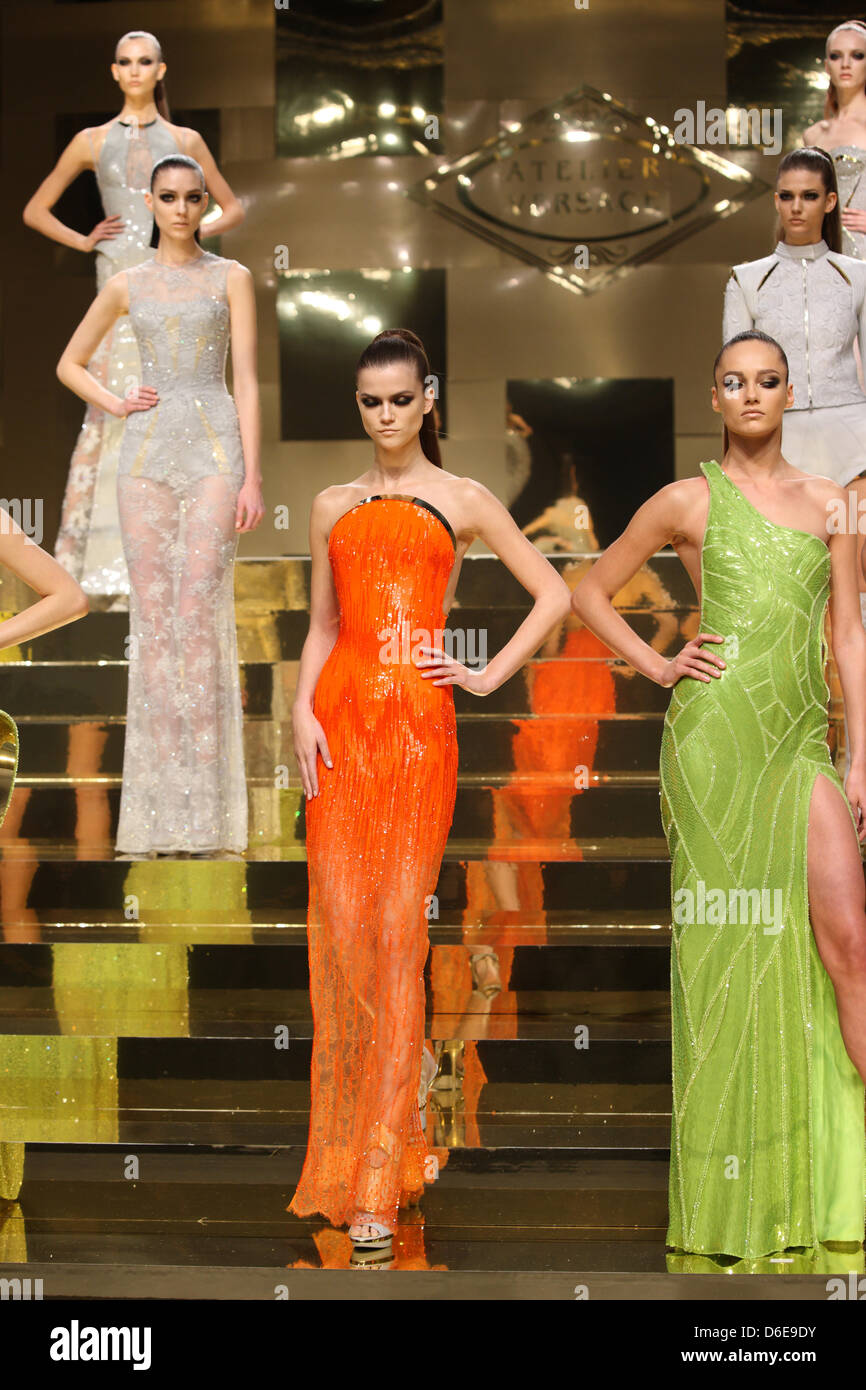 Models wears a creation by Italian designer Donatella Versace as part ...