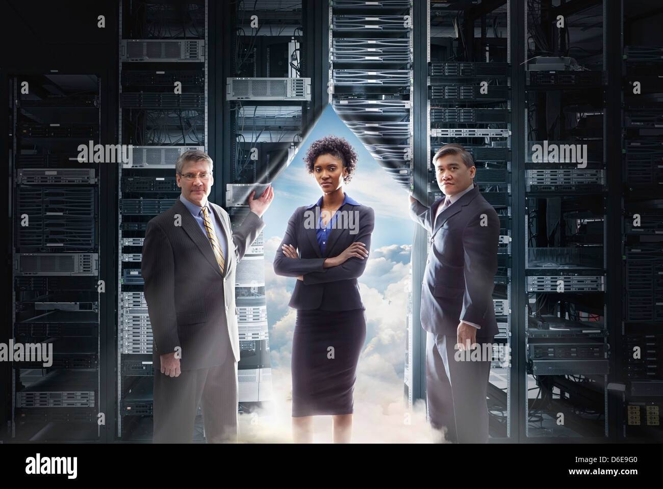 Business people pulling back curtain to clouds Stock Photo - Alamy