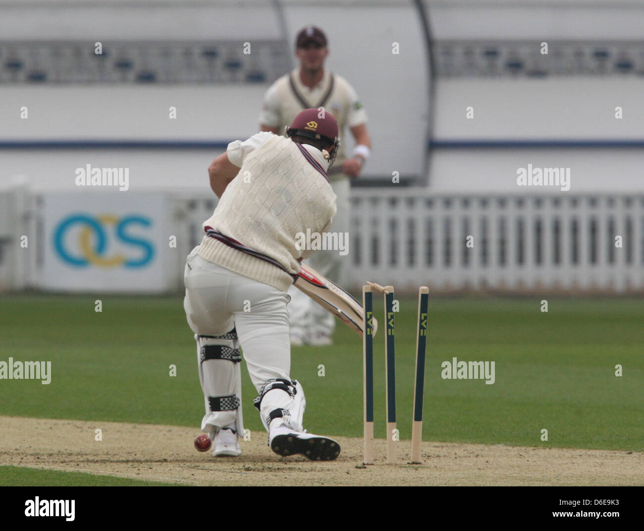 London, UK. 17th April, 2013. Jade Dernbach of Surrey CCC bowls out ...