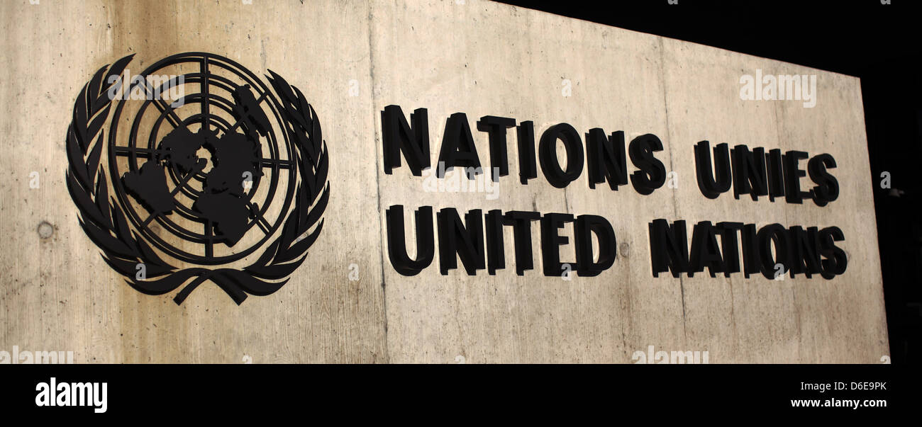 The logo and lettering of the United Nations greet visitors at the ...