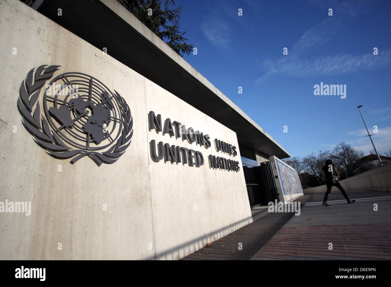 The logo and lettering of the United Nations greet visitors at the ...