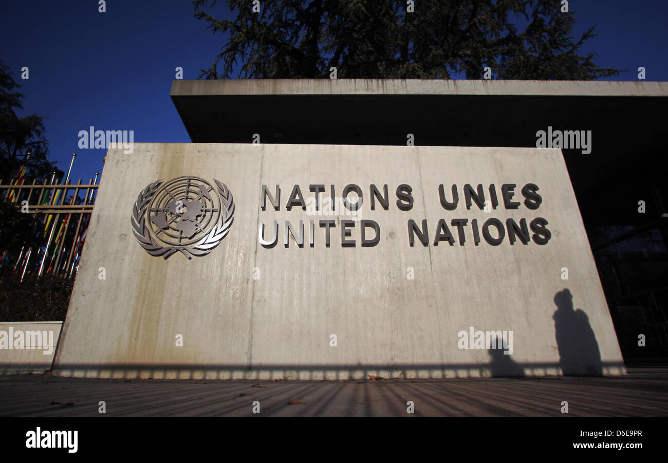 The logo and lettering of the United Nations greet visitors at the ...