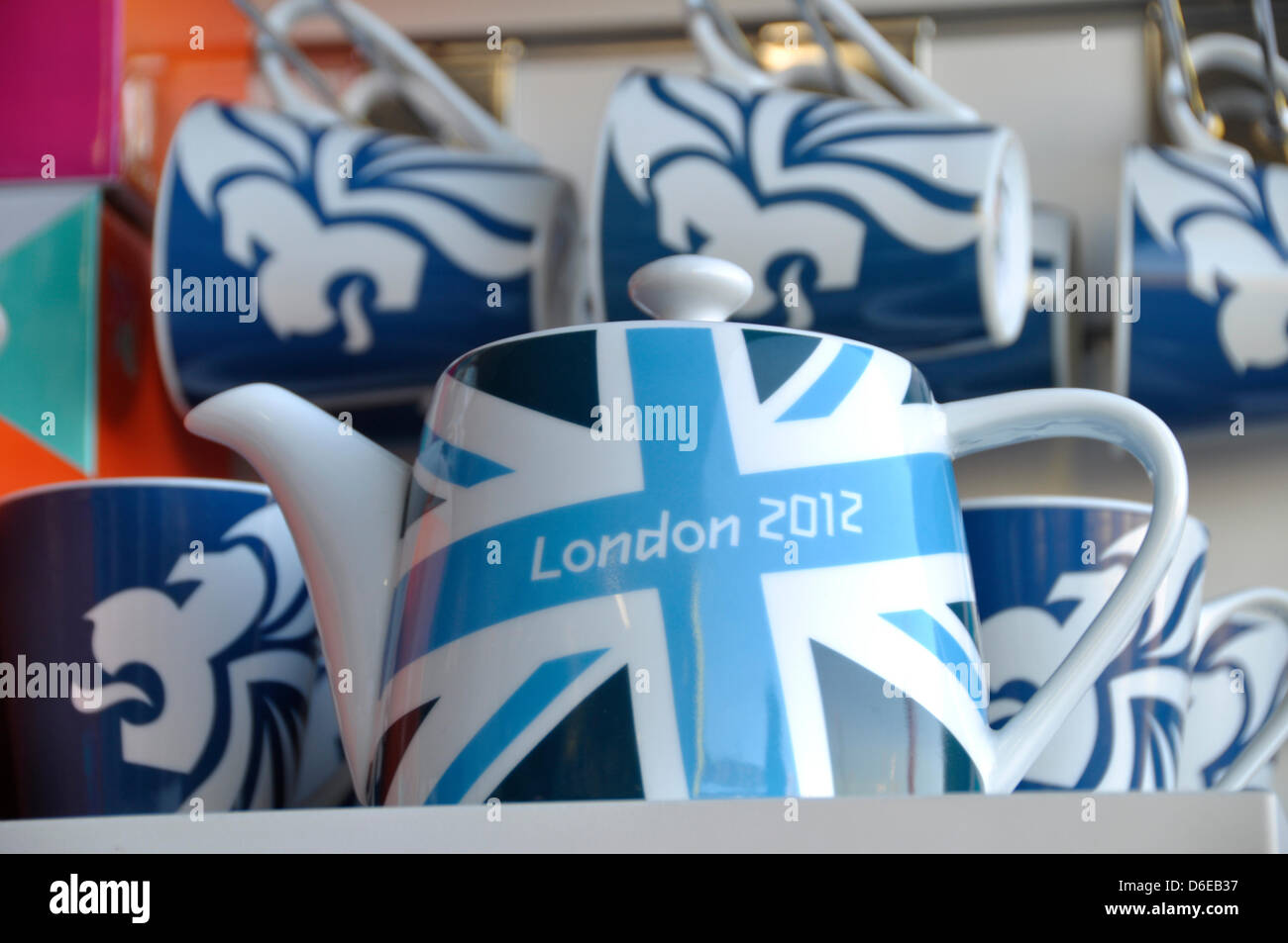A teapot with the Olympic motive is on sale at a store in the Stratford ...