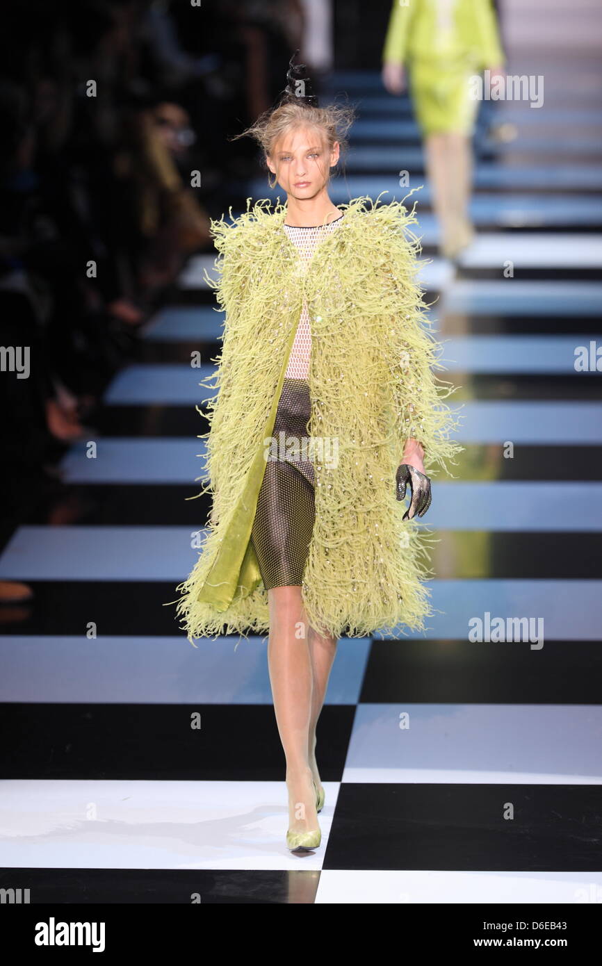 A model wears a creation by Italian designer Giorgio Armani as part of ...