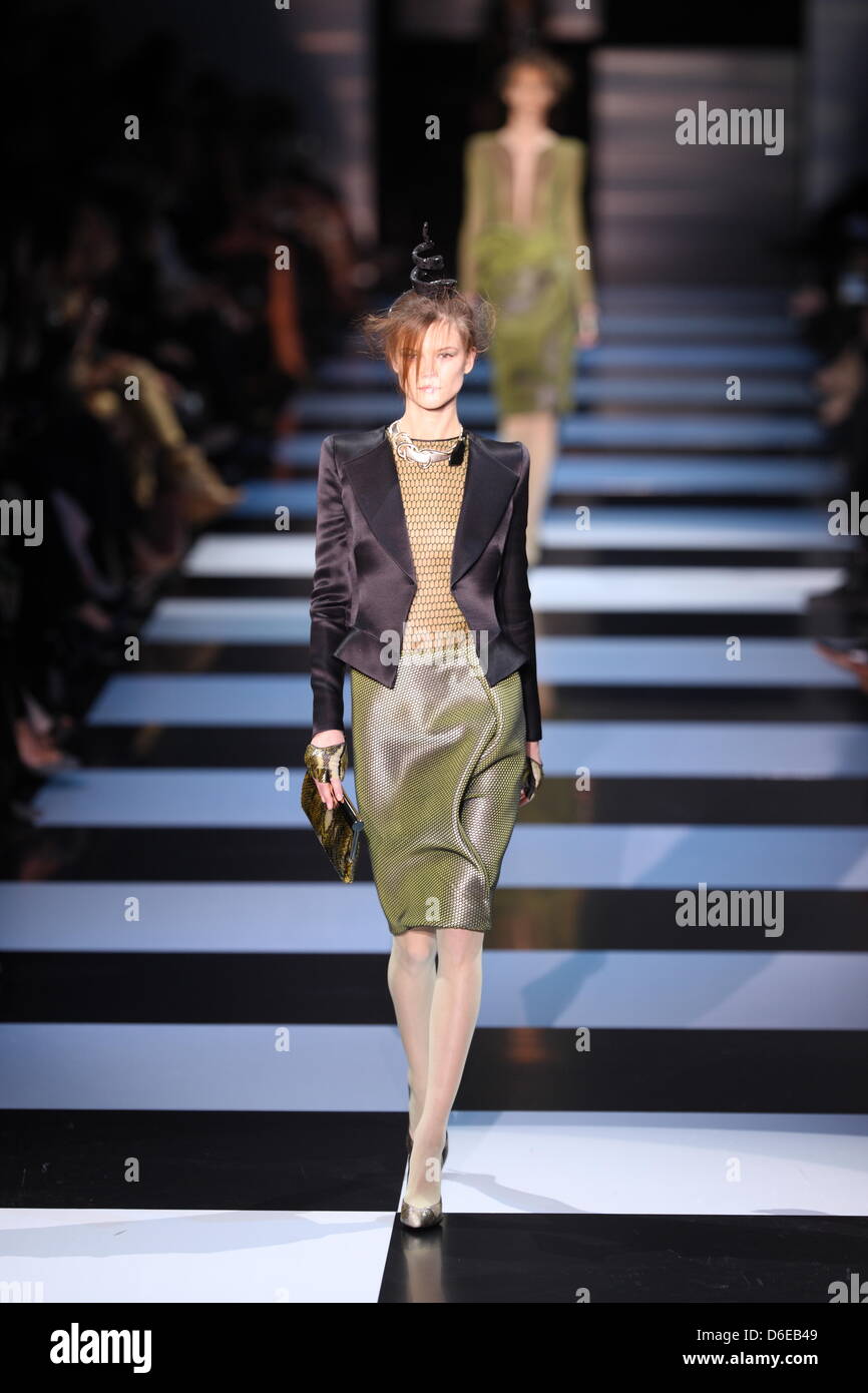 A model wears a creation by Italian designer Giorgio Armani as part of ...