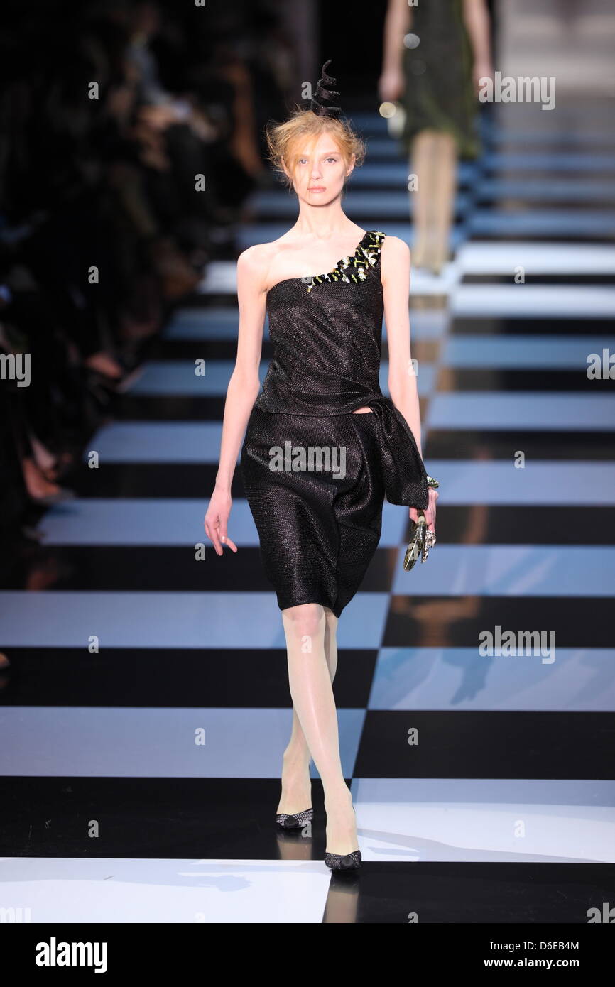 A model wears a creation by Italian designer Giorgio Armani as part of ...