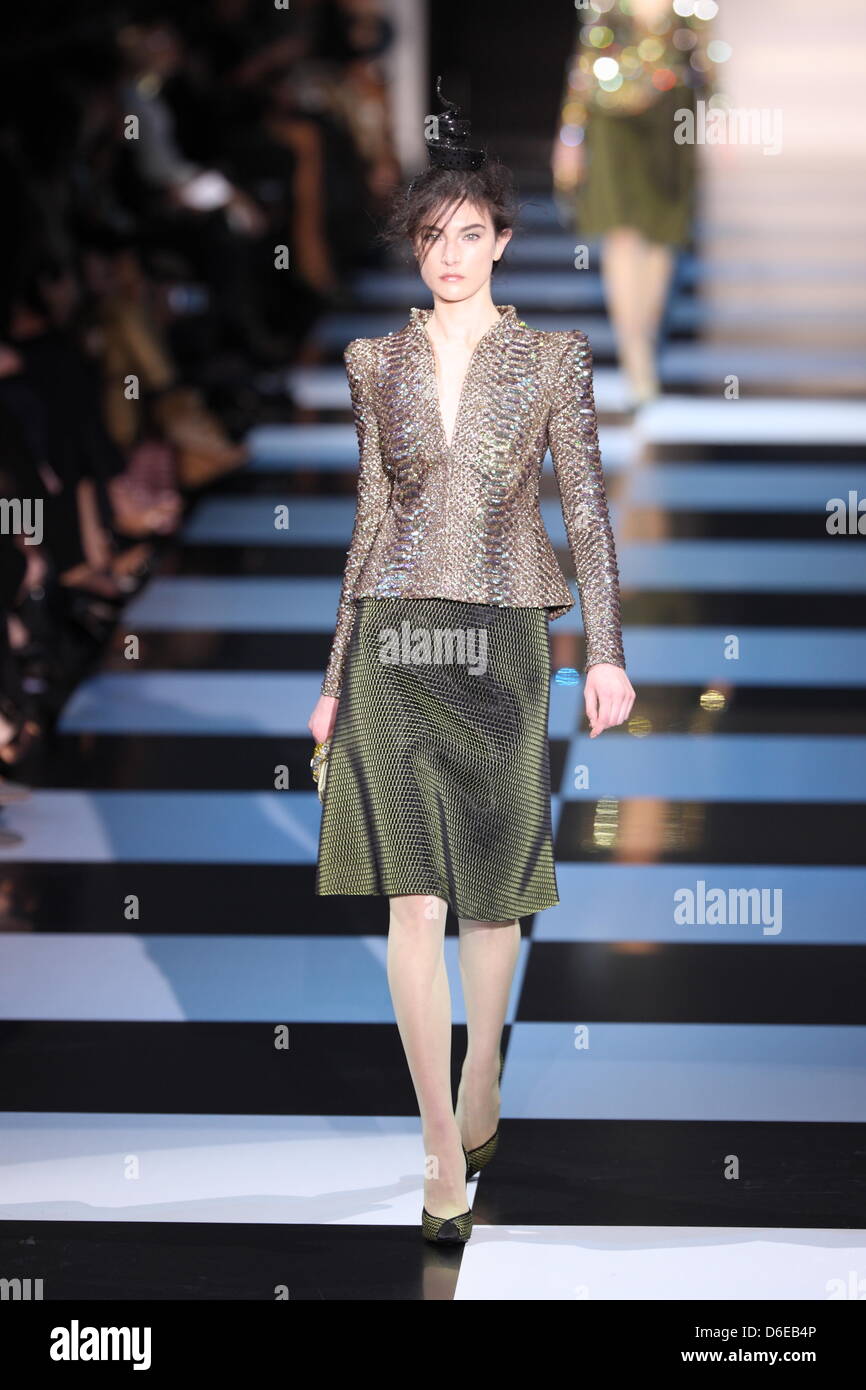 A model wears a creation by Italian designer Giorgio Armani as part of ...