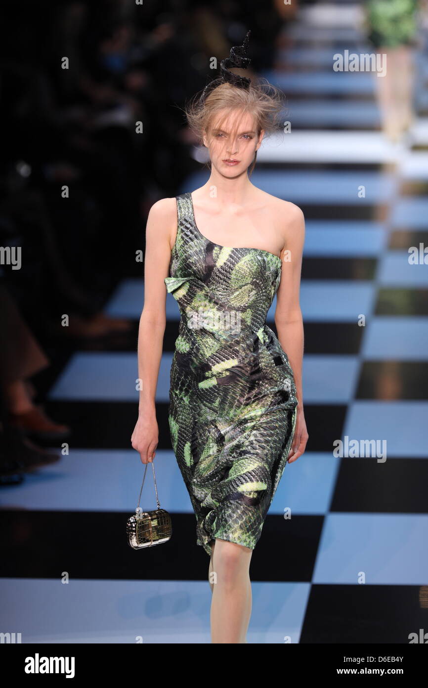 A model wears a creation by Italian designer Giorgio Armani as part of ...