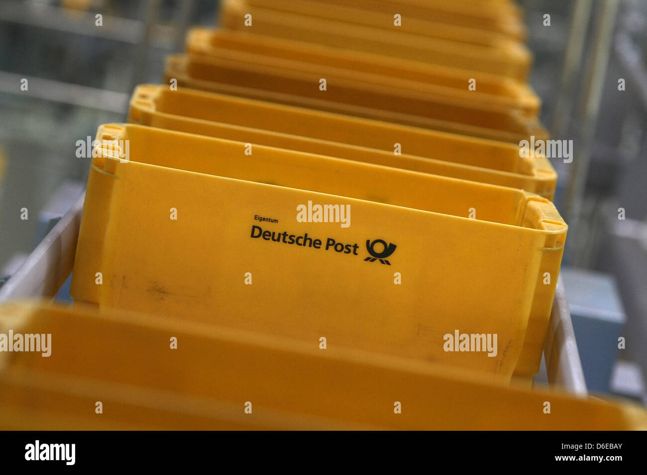 Yellow mail crates are pictured in the mail center of the Deutsche Post ...