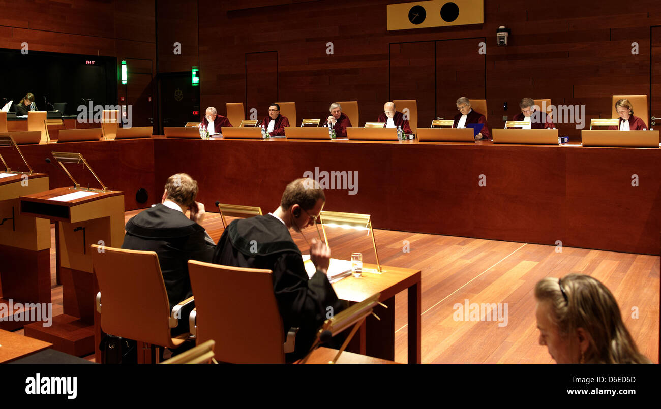 Presiding judge Koen Lenaerts (4-R) and further judges of the European ...