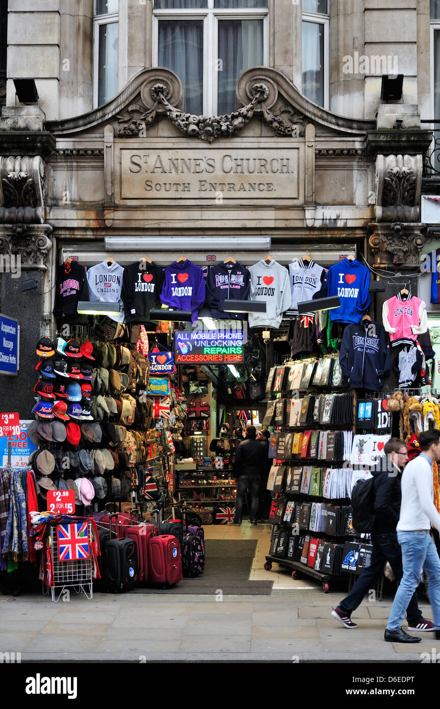 Tourist shop along Tottenham Court Road with St Annes Church carved ...