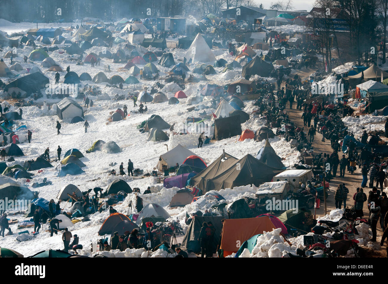 Numerous motorcycle fans walk on the grounds of the Elephant Rally in ...