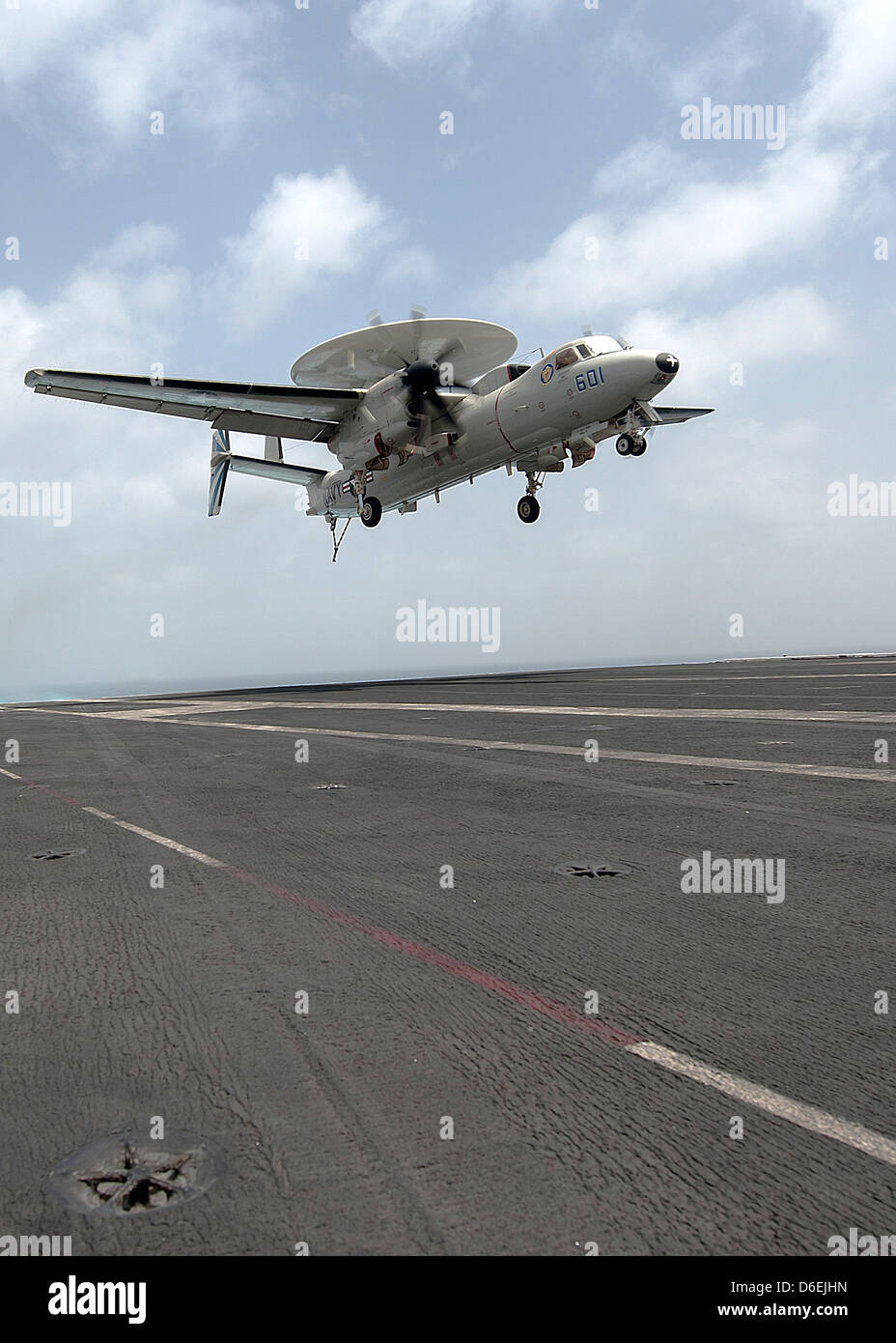 A US Navy E-2C Hawkeye Airborne Early Warning aircraft comes in to land ...