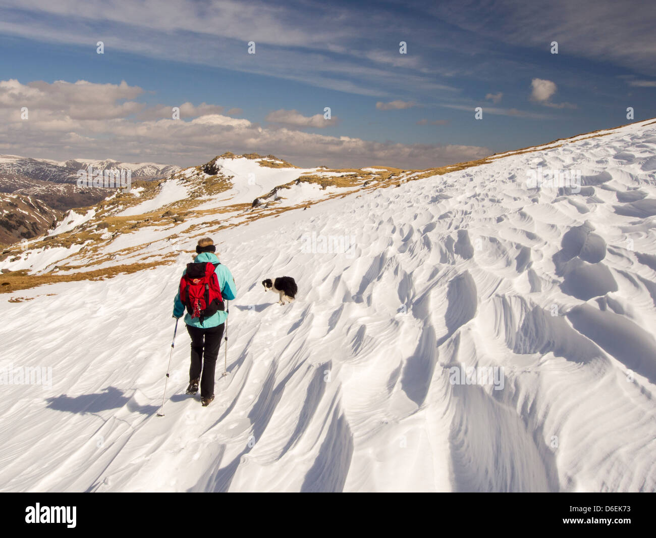 Sastrugi caused by wind scour on the snow pack above Wrynose Pass in ...