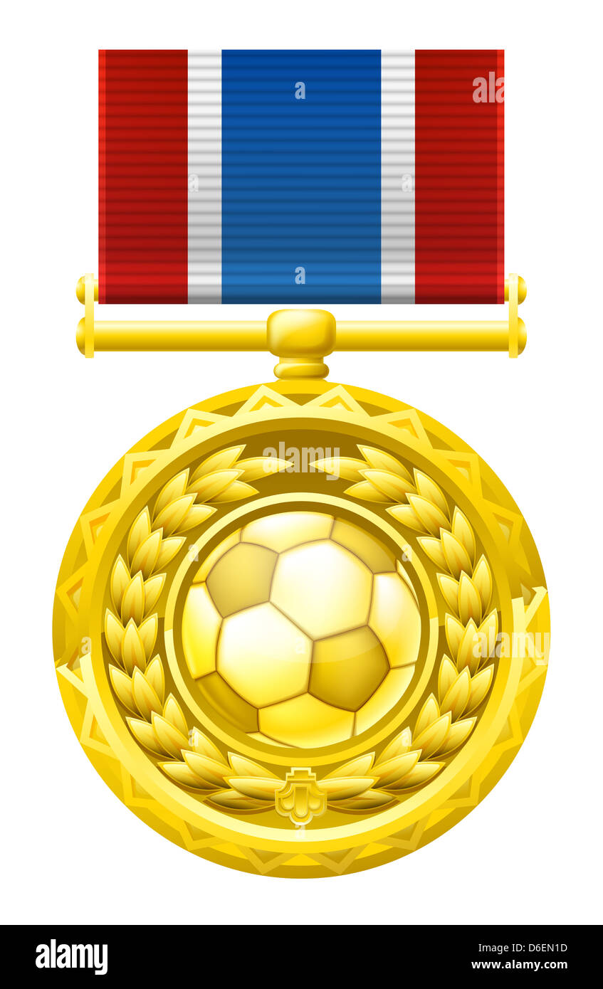 A gold winners medal with a laurel wreath and soccer football ball ...