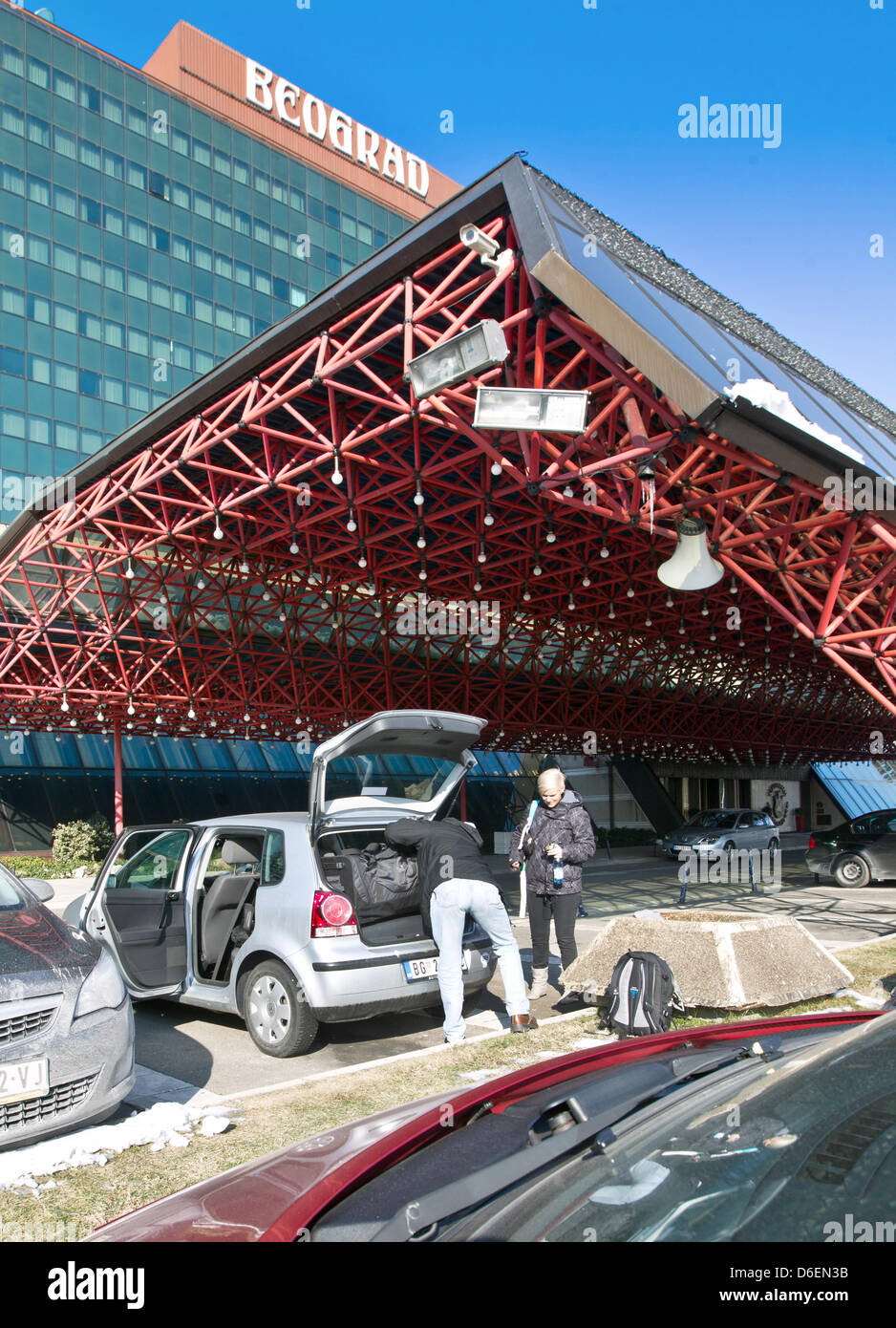 A car is loaded in front of the Hotel Continental in Belgrade, Serbia ...