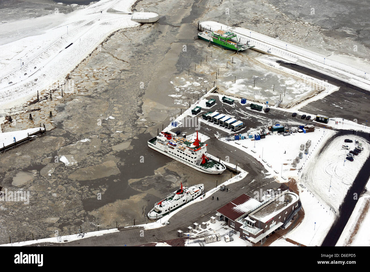 The ferry harbor is dormant during the frosty winter in ...