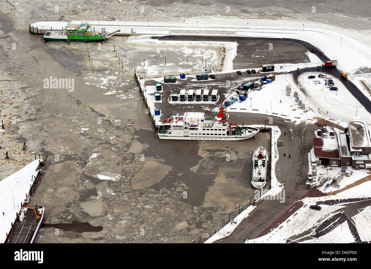 The ferry harbor is dormant during the frosty winter in ...