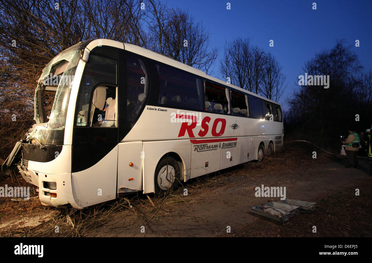 A coach with a school class on board is wrecked in Petershagen, Germany ...