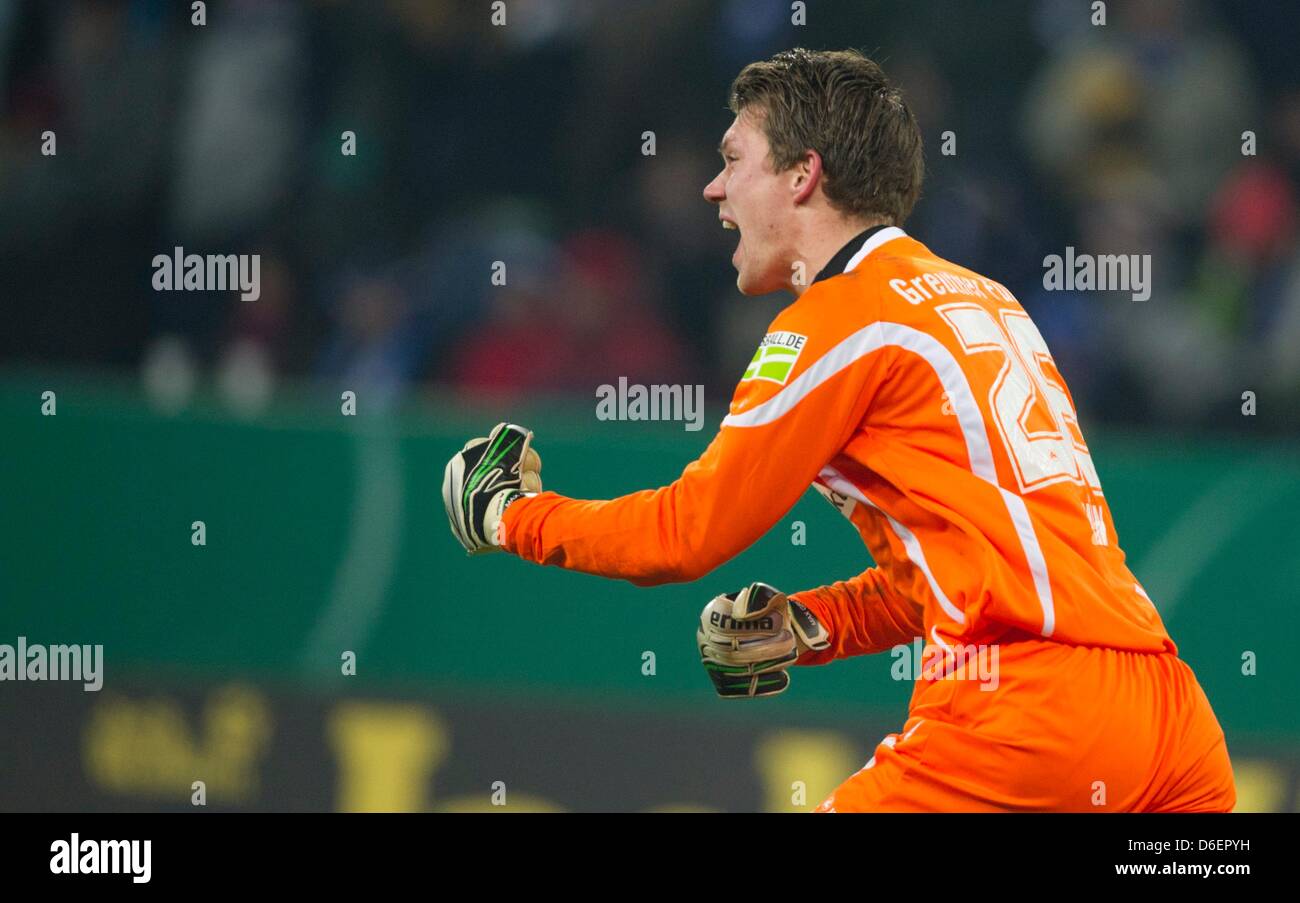 Greuther Fuerth's goalkeeper Max Gruen cheers after the DFB Cup quarter ...