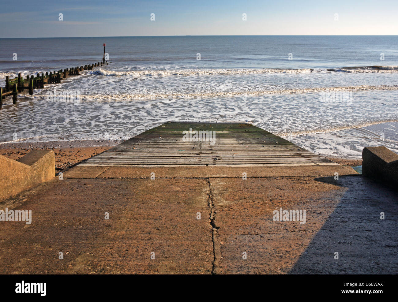 A slipway for access to the beach at Bacton-on-Sea, Norfolk, England ...